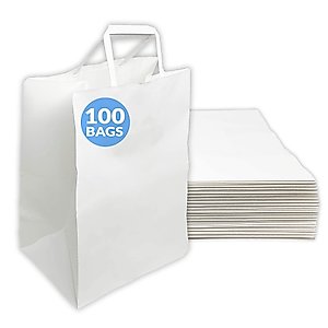 Reli. 100 Pack | 10"x6.75"x12" | Large White Paper Bags w/Handles | Ideal for To Go/Take Out/Restaurant Bags with Handles, Shopping, Retail, Gifts | 25% larger than 10"x5"x13"