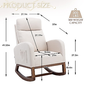 KINFFICT Comfy Rocking Chair, Upholstered Accent Glider Rocker for Baby Nursery or Relaxation, Living Room Armchair with High Back and Headrest, Modern Rocking Glider with Side Pocket, Beige