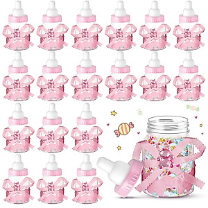 Nuenen 36 Pcs Baby Shower Bottles Baby Shower Mini Milk Bottle Plastic Bear Mini Baby Bottles for Baby Shower Candy Bottles with Ribbon for Baby Shower Favor Gift (Pink)