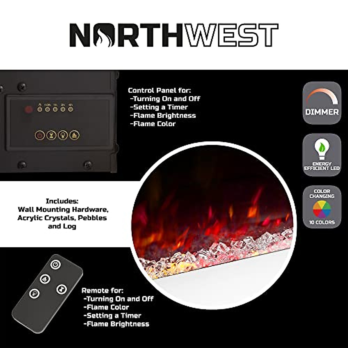 36-Inch Wall Mounted Electric Fireplace - 10-Color LED Flame and 3 Media Backgrounds with Adjustable Brightness and Remote by Northwest (White)