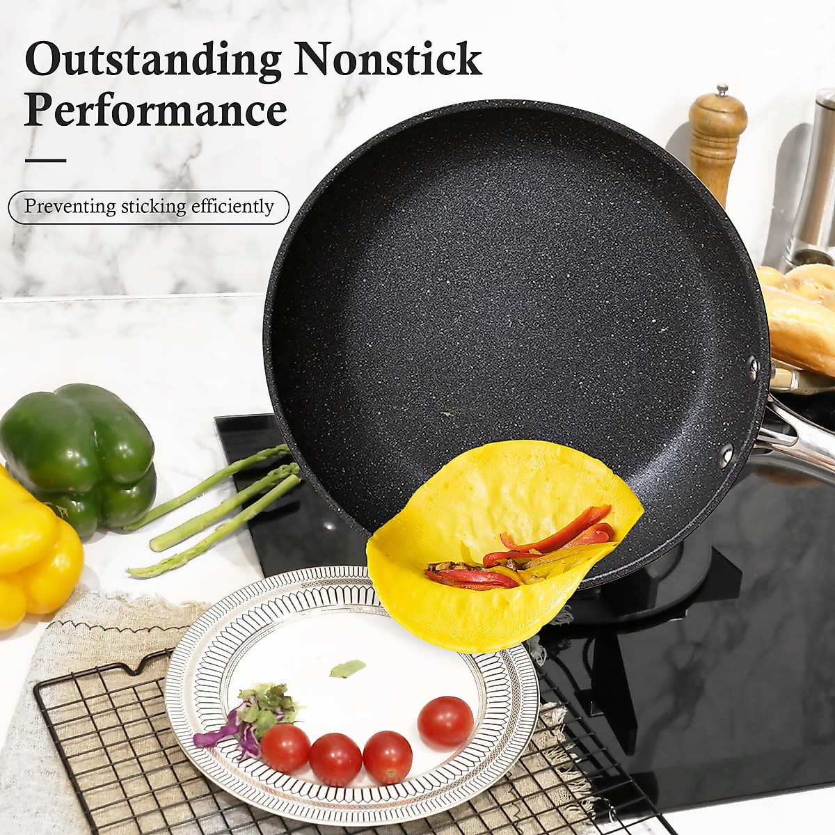 Aufranc 7pcs Nonstick Pots and Pans Set, Stainless Steel Non Stick Cookware Set, Kitchen Induction Cooking Pot and Pan Set Compatible with All Cooktops, Oven & Dishwasher Safe, Non-Toxic (Black)