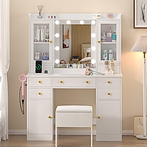 Wodeer Vanity Desk with Lighted Mirror & Power Strip,Makeup Vanity Table with RGB LED Lights & Chair,White Dressing Table Set with 7 Drawers & 2 Cabinet for Girls Women Bedroom & Dressing Room,White