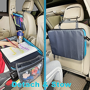 KeolaKids Kids Car and Booster Seat Travel Tray Organizer with Detachable Top, Lap Tray, Updated Headrest Straps, Zippered Storage, Tablet holder with Charger Openings (Blue)