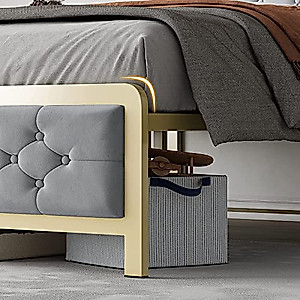 Fancihabor Gold Queen Size Bed Frame, Velvet Upholstered Platform Bed with Button Tufted Headboard, Heavy Duty Metal Mattress Foundation and Metal Slats, No Box Spring Rquired (Grey, Queen)