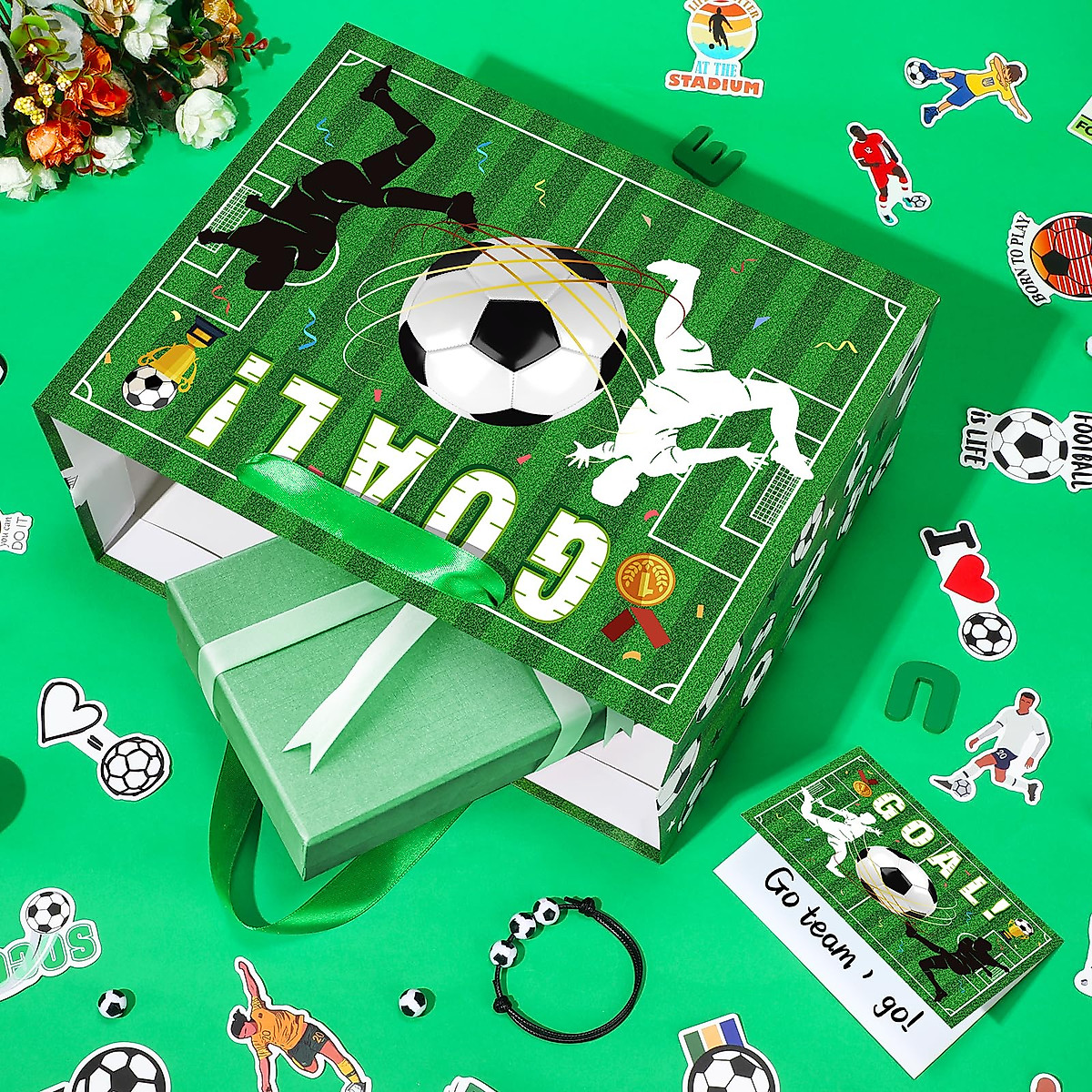 Soccer Party Gift Bag, Large Soccer Gift Wrap Bag with Tissue Paper Goal Greeting Card Decorations for Sports Party Favor Soccer Birthday Goodie Gifts Treat Wrapping Bags for Boys Men Team Supplies