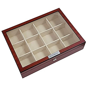 TIMELYBUYS Personalized Display Case for 12 Ties, Belts, and Accessories Cherry Wood Storage Box