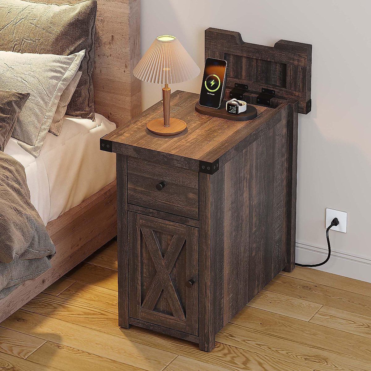 YITAHOME End Table with Charging Station, Narrow Side Table with USB Ports and Outlets, Nightstand with Drawer and Storage Cabinet for Living Room, Bedroom, Dark Rustic Oak
