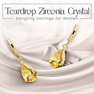 Crystalline Azuria Teardrops Dangle Earrings with Yellow Simulated Citrine Zirconia Crystals 18K Gold Plated for Women
