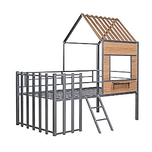 Bellemave Twin House Beds Low Loft Bed Frames Metal Toddler Tree House Bed with Windows and Roof for Kids Teens Girls Boys, Silver