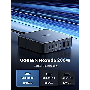 UGREEN 200W USB C Charger, Nexode 6 Ports GaN Desktop Charger, USB C Charging Station Compatible with MacBook Pro/Air M1 M2, iPad Pro/Air, iPhone 15 Pro Max/14, Galaxy S23 Ultra, Steam Deck, Dell XPS
