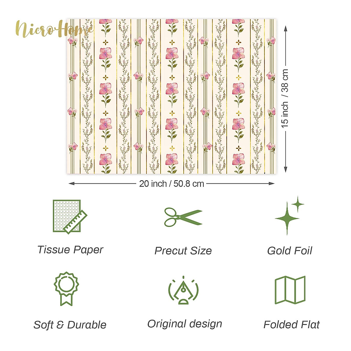 NICROHOME EUR 24 Sheets Sage Green Tissue Paper, Pink Small Gifts Floral Tissue Wrapping Paper for Christmas Crafts, Flower Bouquet Wrap, Wedding, Bridal Shower Gifts Bags (15 X 20 Inch)