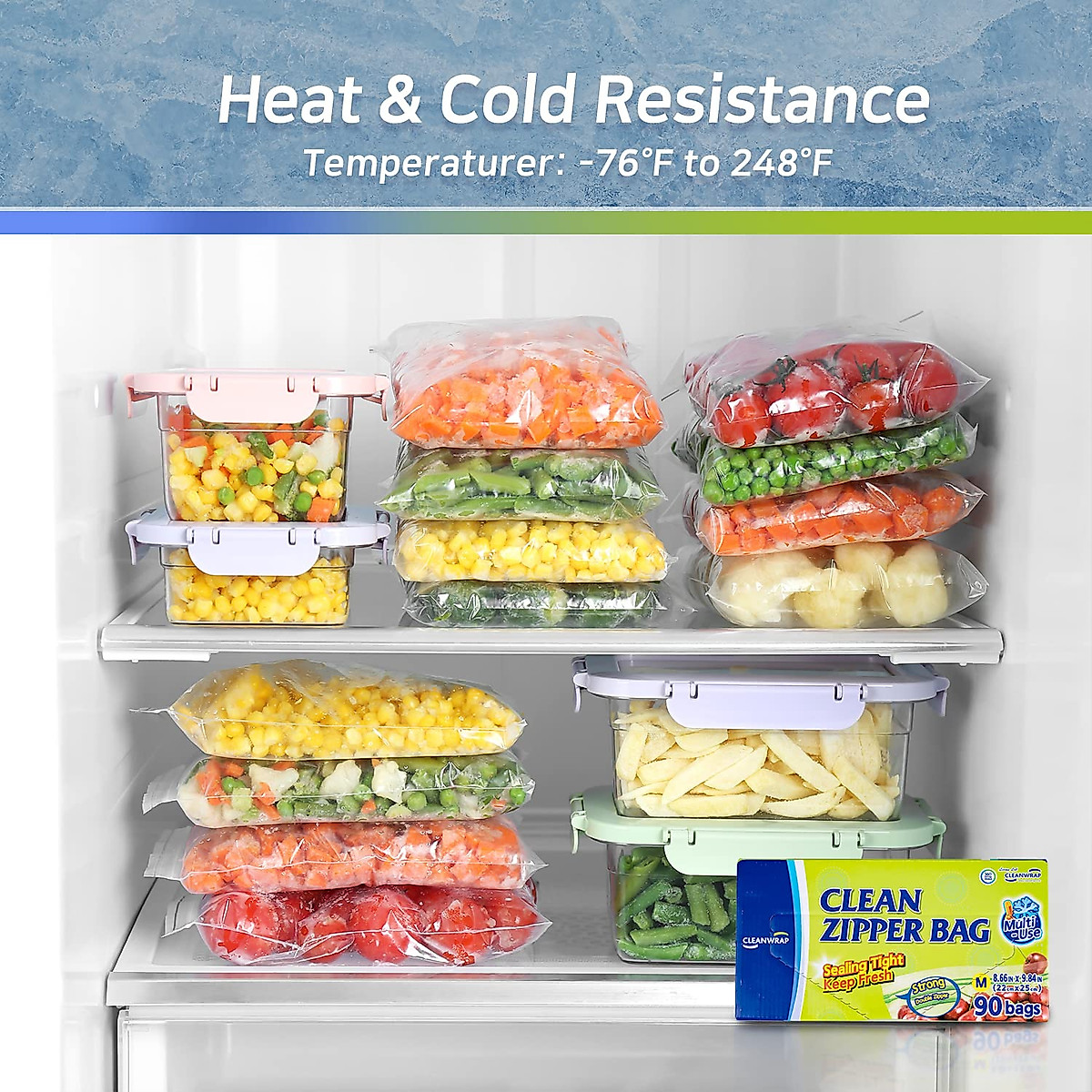 Clean Zipper Bag Medium 90 Bags, LDPE, BPA FREE, Food Storage Bags, Freezer Bags