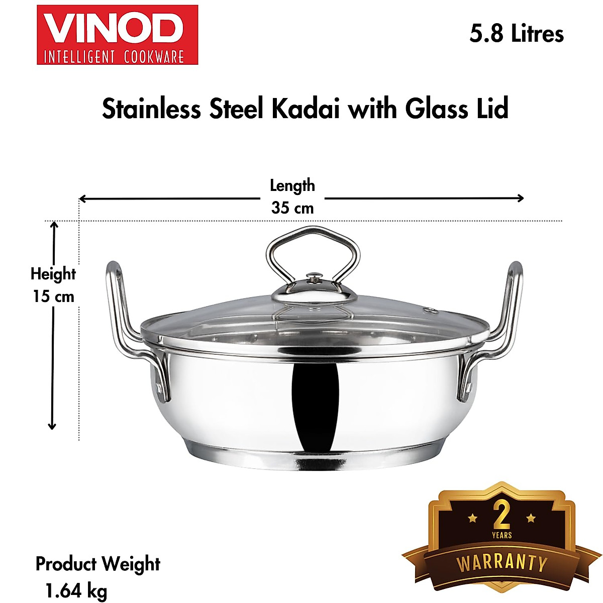 Vinod Stainless Steel Kadhai/Wok with Glass lid - Induction Friendly (30 cm/ 11.8 inch)- Capacity: 7 L