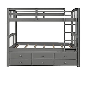 Harper & Bright Designs Twin Over Twin Bunk Bed with Trundle and Storage, Solid Wood Bunk Bed Frame with 3 Drawers for Kids, Teens, Adults (Gray)