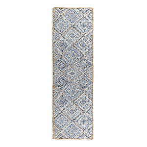 CASAVANI Indian Hand Braided Rag Rug Geometric Blue & Beige Cotton Chindi & Jute Rug Best Uses for Living Room,Hallway Runner Rug,Stair Runner Rug & Kitchen 2.6x8 2.6x10 8x11 Feet