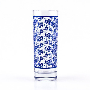 BARCONIC Collins Highball Vintage Glass - Blue Hibiscus Pattern - 9.5 ounce