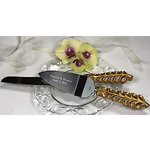 FASHIONCRAFT Personalized, ENGRAVED Gold Lattice Wedding Cake Serving Set - Knife & Server, Silver Engraving