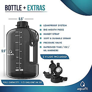 AQUAFIT Half Gallon Water Bottle With Time Marker - 64 oz Water Bottle With Straw - Gym Water Bottle With Strap - Big Water Bottle - Reusable Water Bottles With Straw - Large Water Bottle With Handle