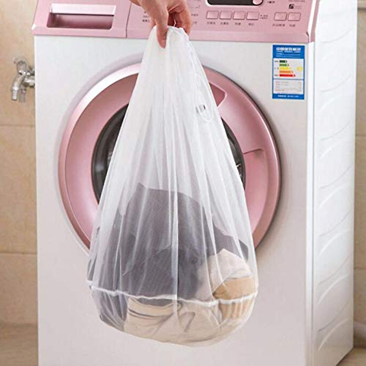 Shuohu 1 Piece Mesh Laundry Bags for Delicates,Anti-Tangle Washing Machine Drawstring Laundry Bag - White M