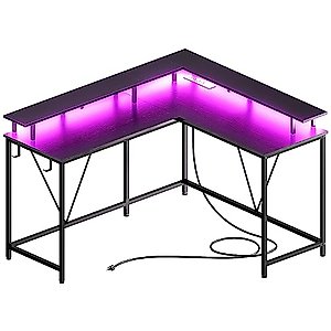Huuger L Shaped Gaming Desk with LED Lights & Power Outlets, Computer Desk with Monitor Stand & Hooks, Home Office Desk, Corner Gaming Desk, Black