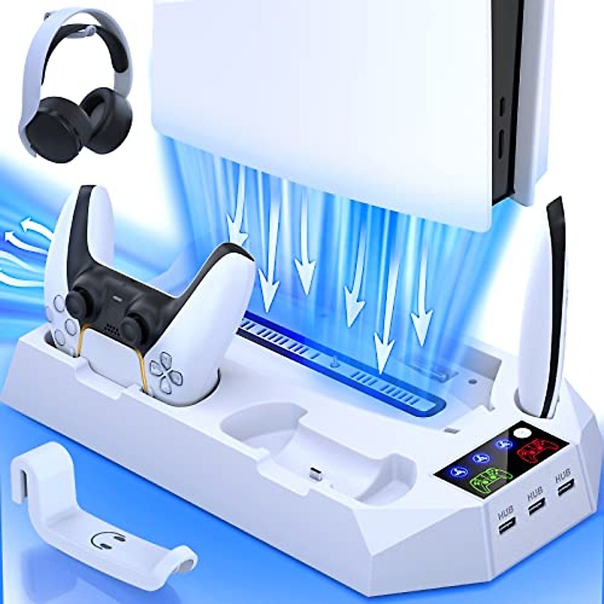 PS5 Stand with Cooling Station PS5 Controller Charging Station for Playstation 5 PS5 Console Disc/Digital Edition, PS5 Accessories-Cooler Fan/Remote Charger/Media&Headset Holder/3-USB Hub/Screw White