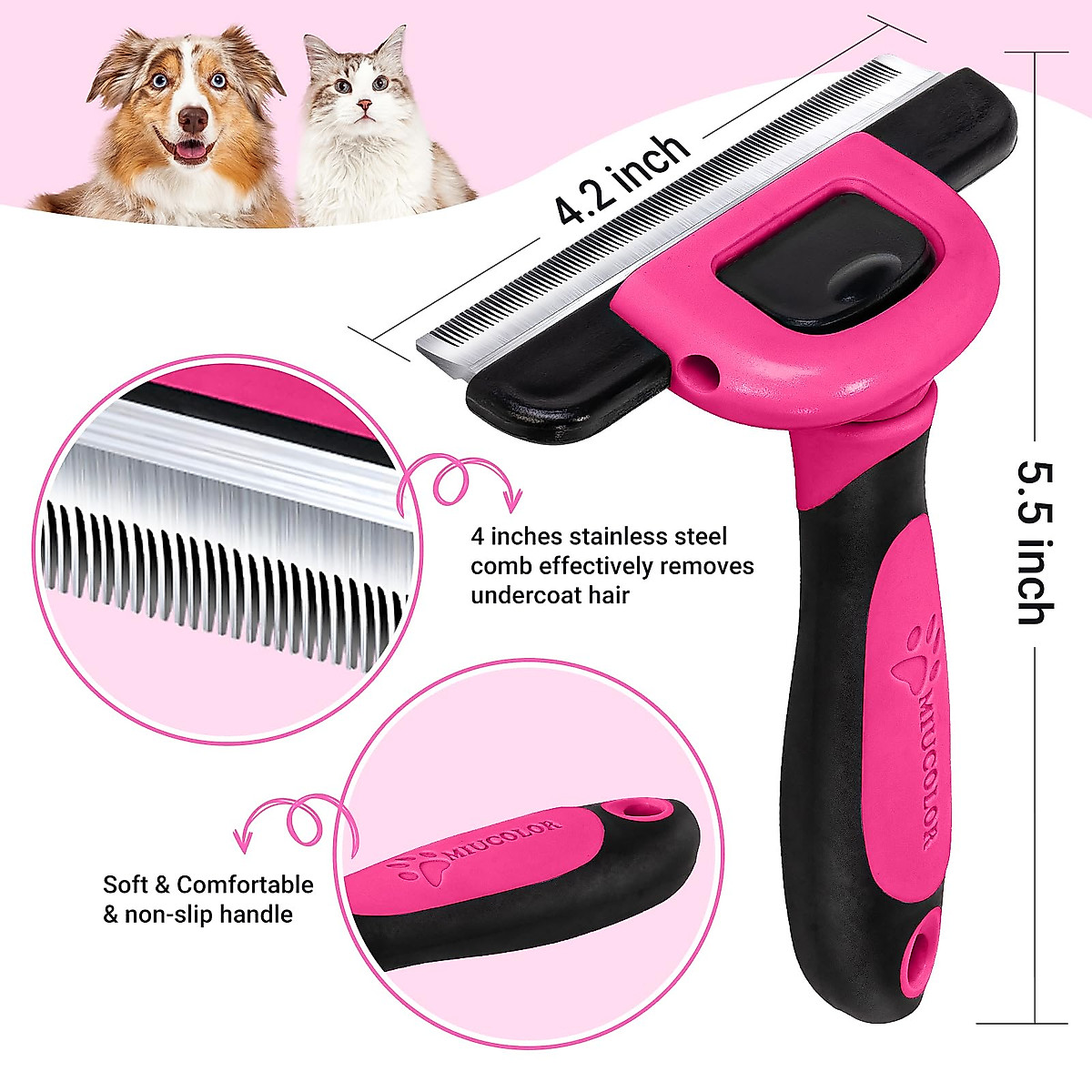 MIU COLOR Pet Grooming Brush, Deshedding Tool for Dogs & Cats, Effectively Reduces Shedding by up to 95% for Short Medium and Long Pet Hair, Hot Pink