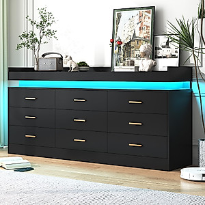 jiteentarou 9 Drawer Dresser with Charging Station and LED Lights, Modern Chest of Drawers with Power Outlet, Organizer Cabinet for Bedroom, Living Room, Entryway, Black
