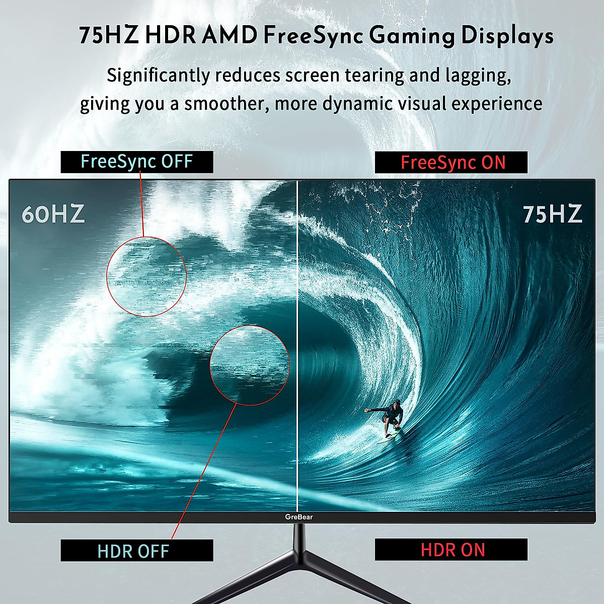 GreBear 24 Inch Computer Monitor, FHD 1080p PC Monitor 75hz Built in Speakers, 99% sRGB Low Blue Light Anti-Glare VA Screen Desktop Display w/HDMI/USB Type-C/Freesync Tilt Adjustable 75 x 75 mm VESA