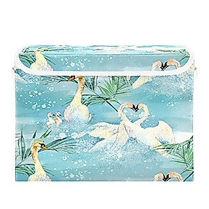 Kigai Storage Basket White Swan Watercolor Storage Boxes with Lids and Handle, Large Storage Cube Bin Collapsible for Shelves Closet Bedroom Living Room, 16.5x12.6x11.8 In