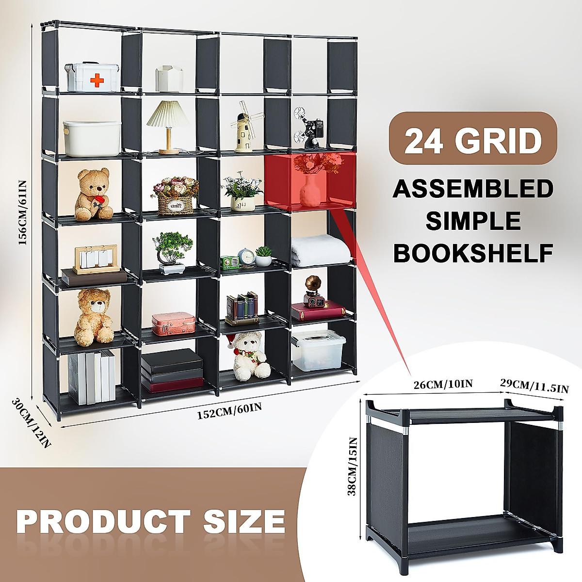 Suzile 24 Large Extra Cube Storage Organizer 6 Tiers Bookshelf Organizer Black Cube Storage Shelf DIY Bookcase Tall Book Shelves for Living Room Study Room Bedroom Office