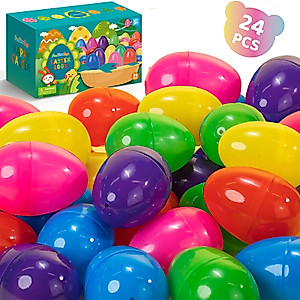 FUN LITTLE TOYS 24PCS 3 inch Plastic Easter Eggs Fillable Basket Stuffers, Small Assorted Colorful Easter Eggs Bulk Empty, Baby Kids Yard Outdoor Hunt Supplies Party Favor Red Blue Purple Green