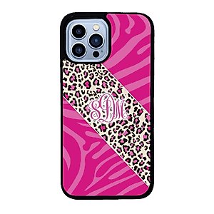 Pink Monogram Leopard and Zebra Monogram Black Rubber Phone Case Compatible with Apple iPhone 15 Pro Max Plus, 14 Pro Max Plus, 13 Pro Max Mini, 12 Pro Max Mini, 11, X XS Max, XR, 8 7 Plus