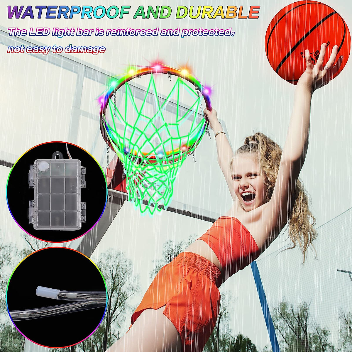 2 Pcs Light Basketball Glow in the Dark Basketball LED Basketball Hoop Lights Remote Control Basketball Rim Lights Waterproof Rim Lights 17 Colors 7 Lighting Modes for Boys Gift Age 12(Number 6)