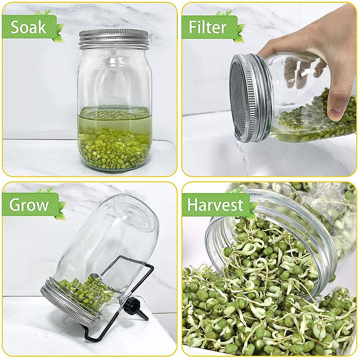 Sprouting Jar Kit, 2 Wide Mouth Mason Jars with Stainless Steel Strainer Lids Stands and Tray Germinator Set, Indoor Seed Sprouter Jar Kit for Growing Broccoli Beans