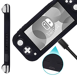 Silicone Protective Case for Nintendo Switch Lite, Soft Grip Case Cover with Comfort Ergonomic Handles for Nintendo Switch Lite 2019 [Self Stand][4 Thumb Stick Caps] (Black)