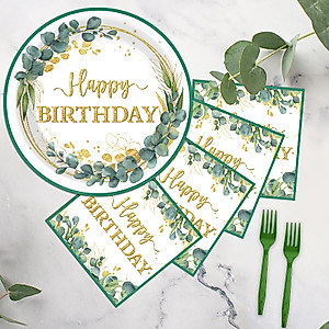 96 Pieces Greenery Eucalyptus Happy Birthday Plates Eucalyptus Birthday Themed Party Decorations Green Leaf Baby Shower Party Dessert Paper Plates Napkins Forks Supplies for 24 Guests Tableware Set