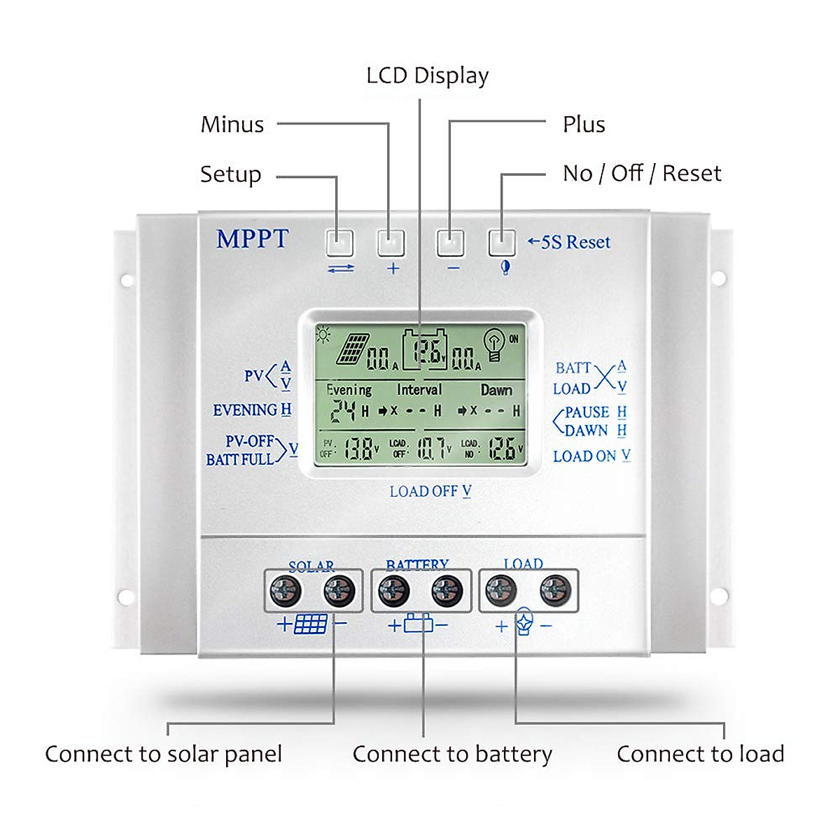 MPPT 60A Solar Charge Regulator LCD Display Solar Controller 12V 24V with Light and Timer Control Easy Settable for PV