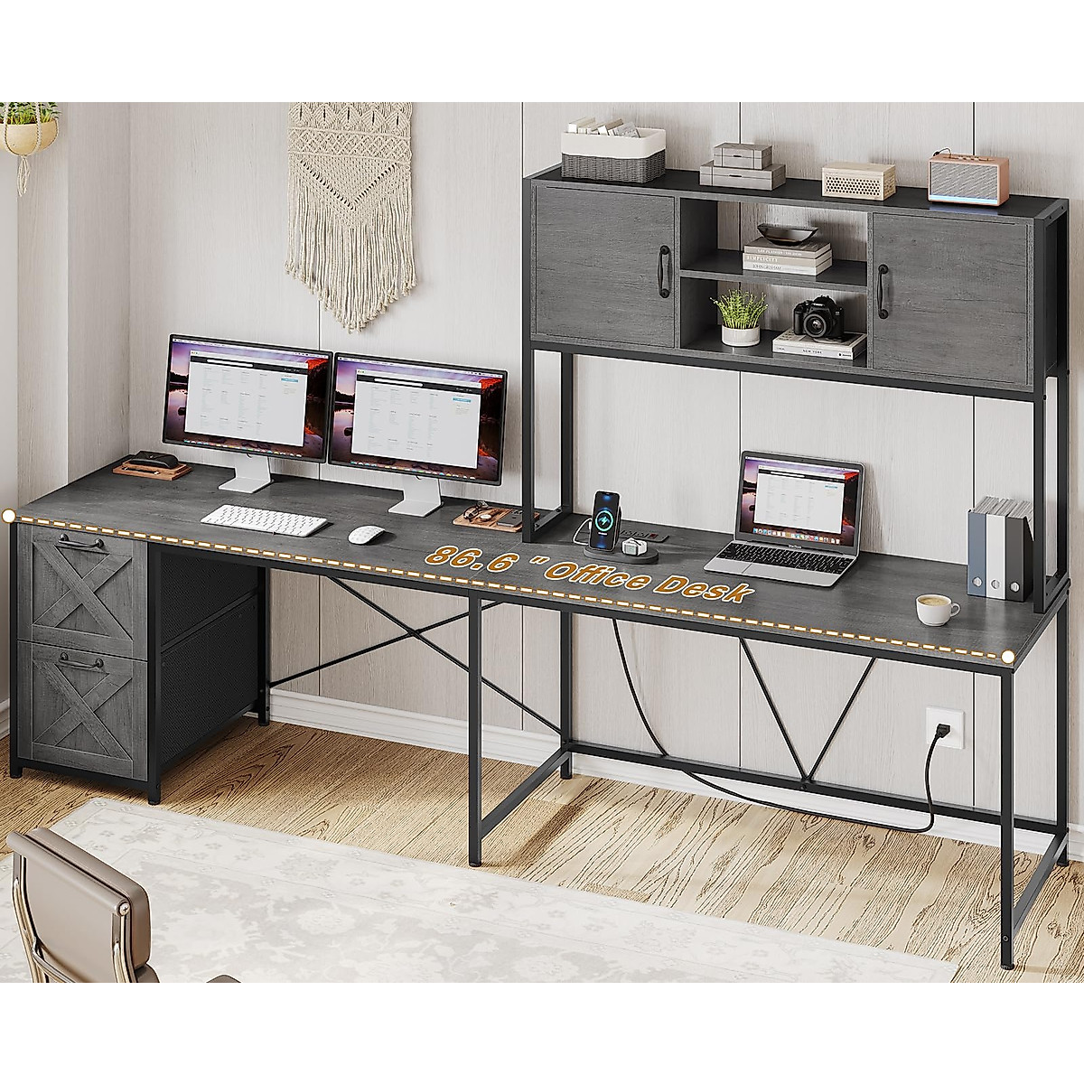 SEDETA L Shaped Gaming Desk, Reversible Computer Desk with Fabric Drawers and Power Outlet, Gaming Desk with Led Lights, Hutch and Storage Shelf for Home Office, Grey