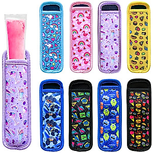 Hzran Ice Pop Sleeves, 8 Pieces Ice Pop Neoprene Insulator Sleeves, Freezer Popsicle Holder Sleeves, Colorful Ice Sleeves Holder Bag, Reusable Washable Ice Popsicle Holders for Kids.