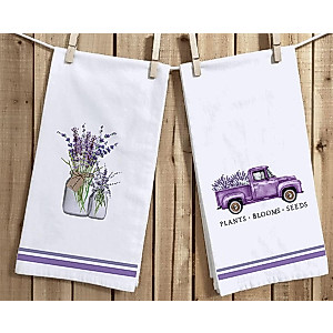 Watercolor Lavender Vase Kitchen Dish Towel 18 x 28 Inch, Seasonal Summer Lavender Truck Towels Dish Cloth for Cooking Baking Set of 2