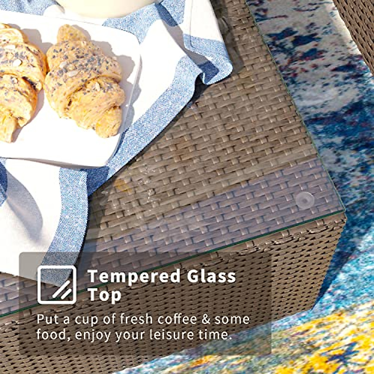 SUNBURY 5-Pieces Outdoor Furniture Set, All-Weather Wicker Patio Conversation Sets Sectional Sofa w 3 Pillows, Cushions, Coffee Table, Ottoman, Patio Furniture Set for Backyard Garden Pool (Off-White)