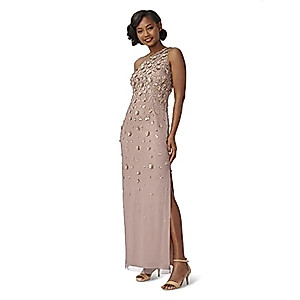 Adrianna Papell Women's One Shoulder Beaded Gown, Stone, 4