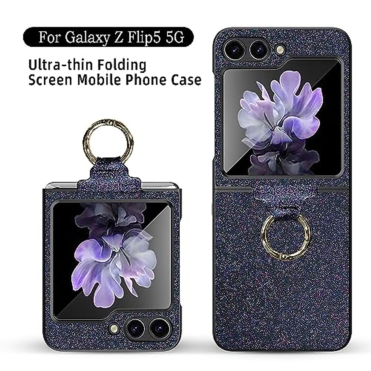 YJZSKRXFAK Case for Samsung Galaxy Z Flip5 5G 2023, Ultra Thin Slim Fit Glitter Sparkle Cover with Built-in Screen Protector Protective Case for Galaxy Z Flip 5-Black
