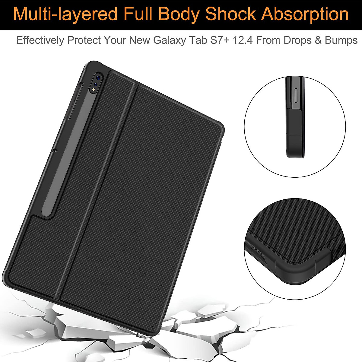 Soke Galaxy Tab S8+/S7 FE/S7 Plus Case with S Pen Holder [SM-X800/X806/T730/T736B/T970/T975] - Shockproof Stand Folio Case for Samsung Tab S8+ 2022/S7 FE 2021/S7 Plus 2020 12.4" Tablet,Black