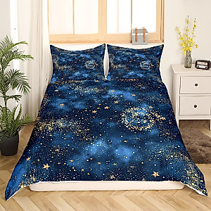Castle Fairy Blue Galaxy Duvet Cover King Size, Golden Stars Spiral Planets Print Nebula Universe Theme Comforter Cover for Girls Teens Gift, Outer Space Mysterious Style Duvet Set with 2 Pillowcases