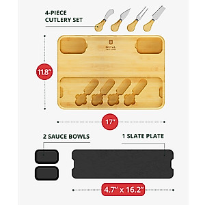 ROYAL CRAFT WOOD Extra Large Bamboo Cheese Board and Knife Set - With Slate Plate and Sauce Bowls
