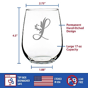 Monogram Floral Letter L - Stemless Wine Glass - Personalized Gifts for Women and Men - Large Engraved Glasses