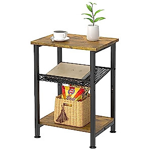iDavosic.ly 3 Tier Small Side Table, Modern End Table Living Room, Industrial Wood Metal Bedside Table, Nightstand with Adjustable Shelf for Bedroom, Office, Kitchen, Rustic Brown and Black