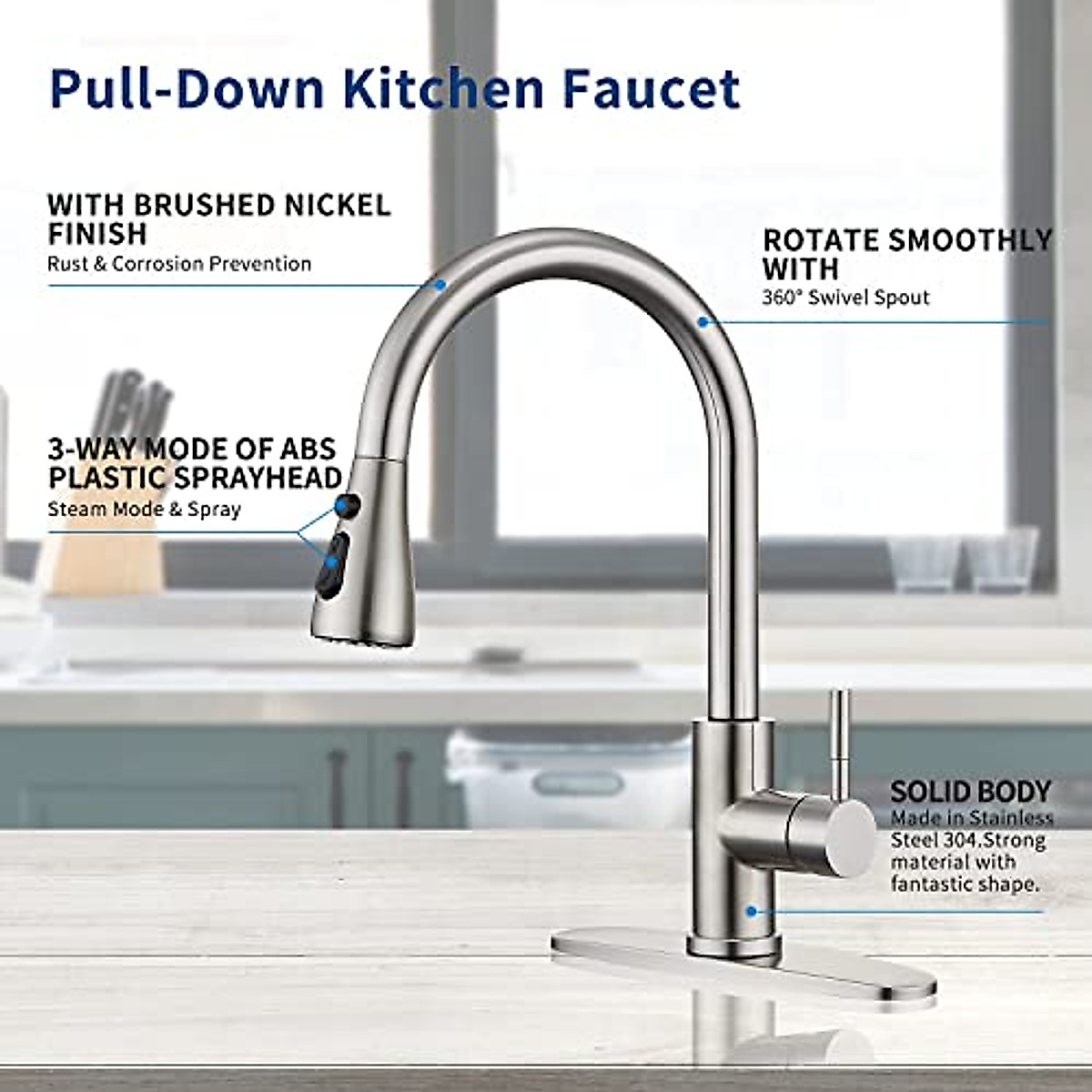 GASIA Kitchen Faucet,Faucet for Kitchen Sink,Kitchen Faucet with Sprayer,Brushed Stainless Steel Sink Faucet