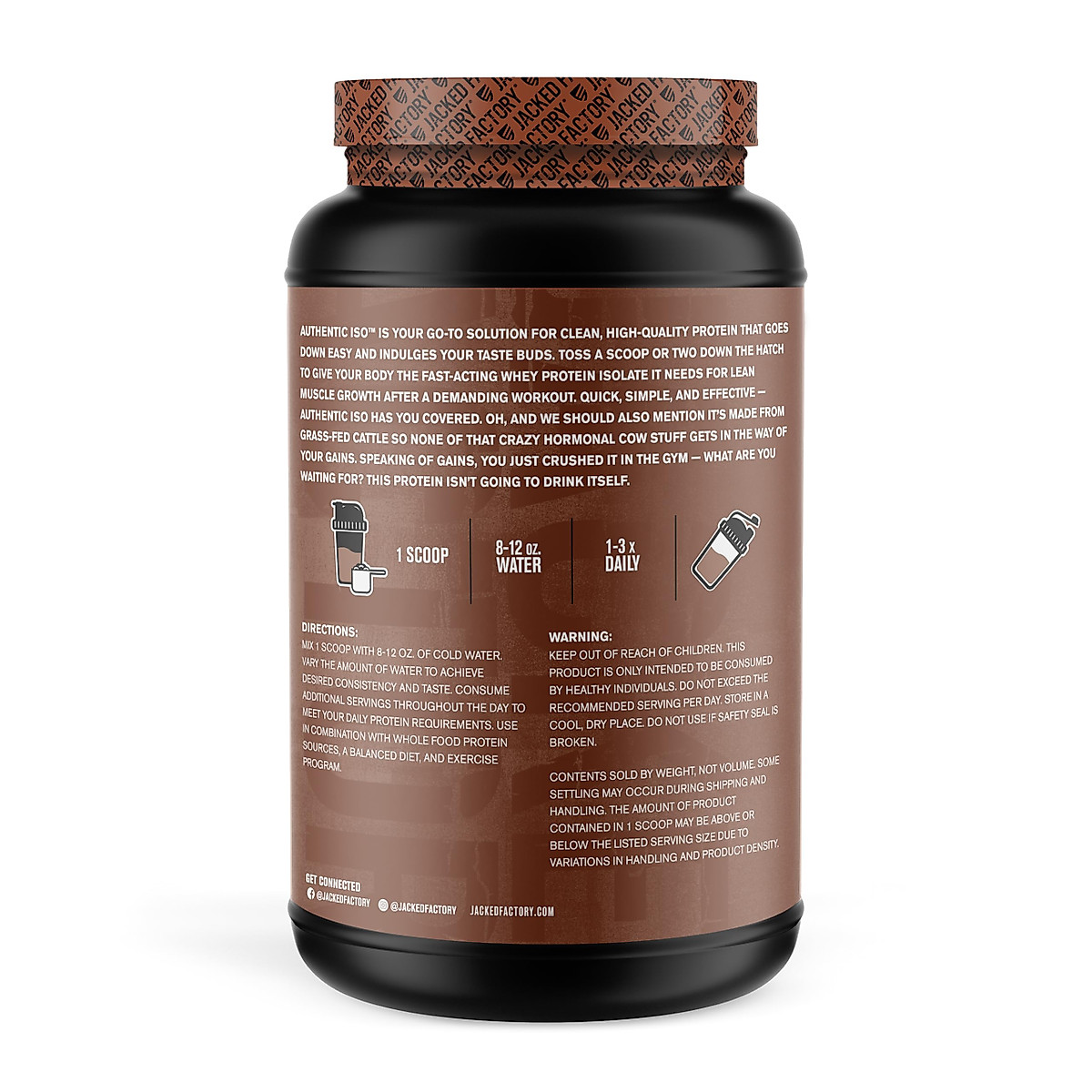 Jacked Factory Authentic ISO Grass Fed Whey Protein Isolate Powder - Low Carb, Non-GMO Muscle Building Protein w/No Fillers, Post Workout Recovery, Chocolate
